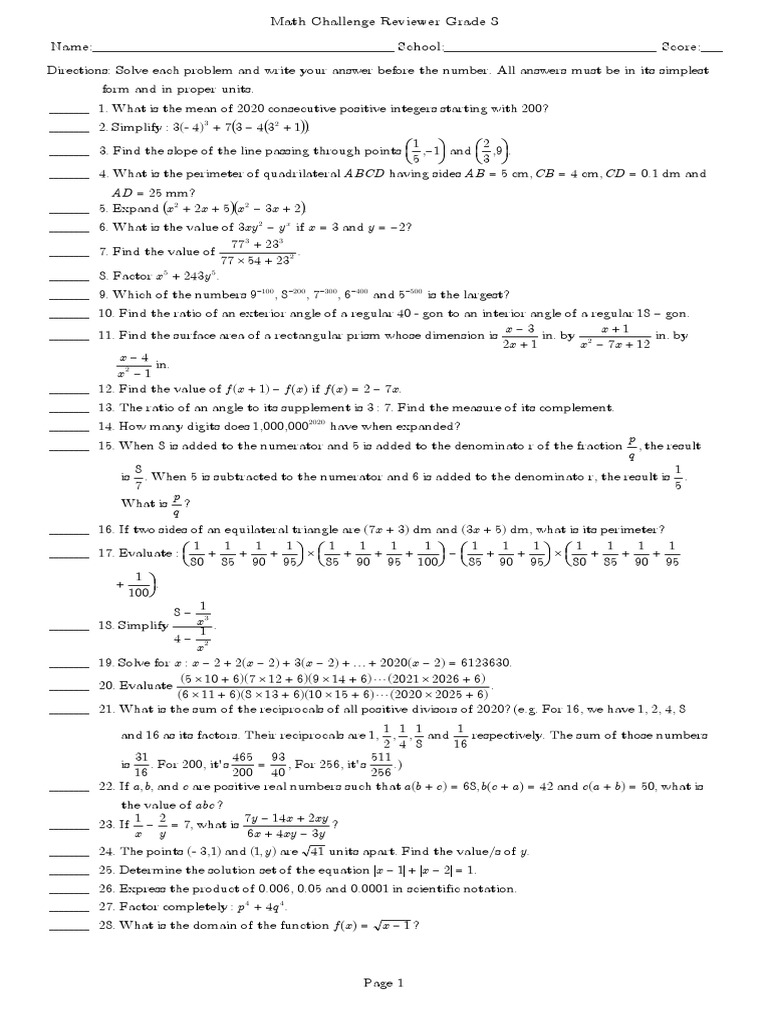 Math Challenge Reviewer Grade 8 PDF | PDF | Fraction (Mathematics) | Area