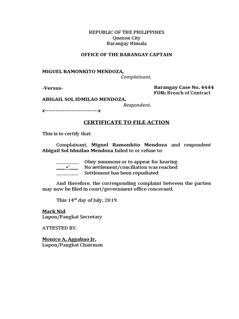 Certificate To File Action MON | PDF
