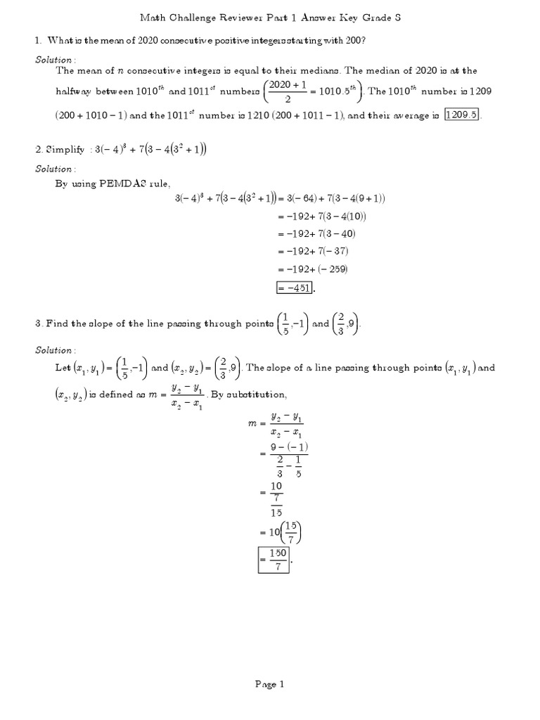 Grade 8 Math Challenge Solutions | PDF | Fraction (Mathematics ...