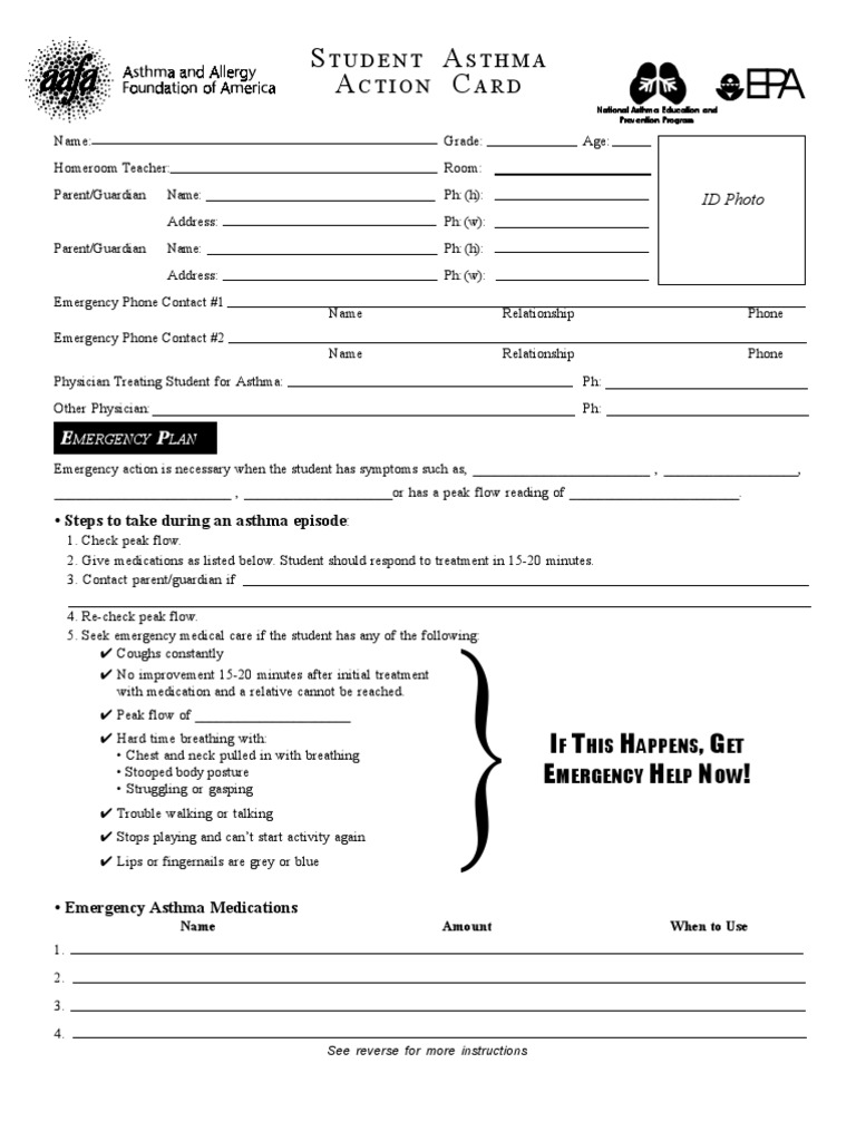 Asthma Action Card Student | PDF | Asthma | Medical Specialties
