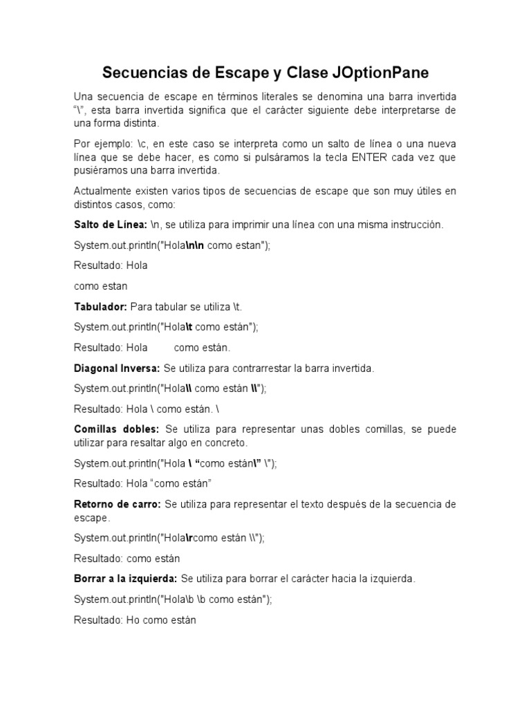 Secuencias de Escape y JOptionPane | PDF | Ingeniería de software ...