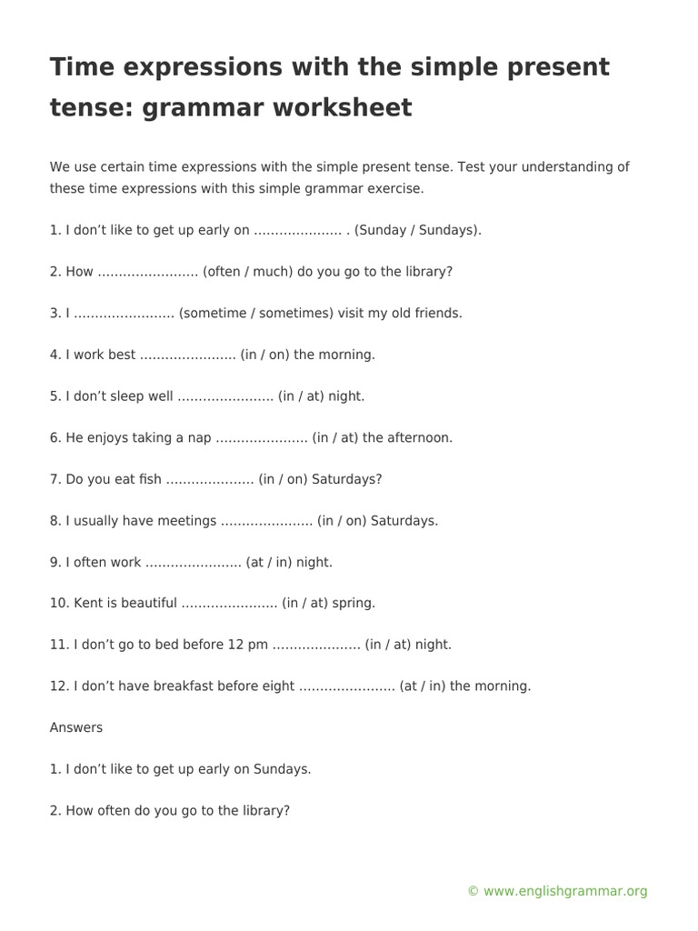 Time Expressions With The Simple Present Tense - Grammar Worksheet | PDF
