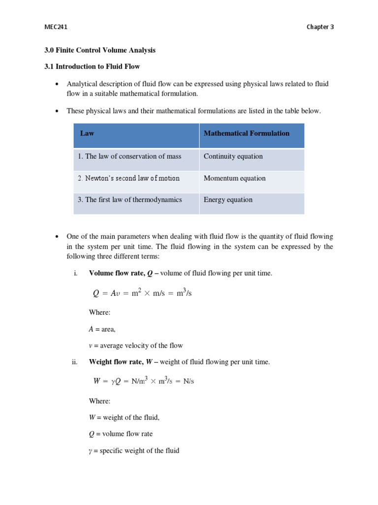3.0 Finite Control Volume Analysis 3.1 Introduction To Fluid Flow | PDF | Fluid Dynamics | Flow ...