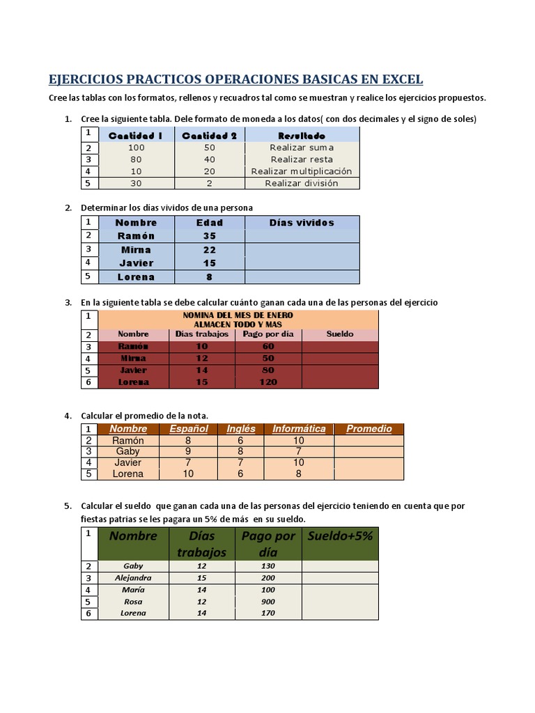 Ejercicios Practicos Operaciones Basicas en Excel | PDF