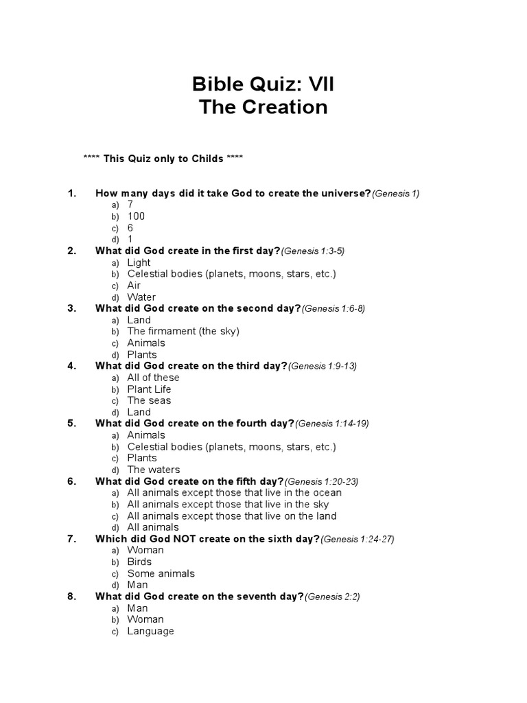 Bible Quiz: VII The Creation | PDF | Genesis Creation Narrative | Mythology