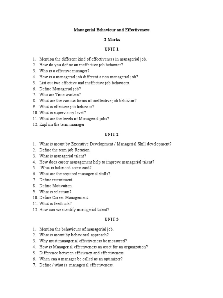 Managerial Behaviour and Effectiveness 2 Marks Unit 1 | PDF ...