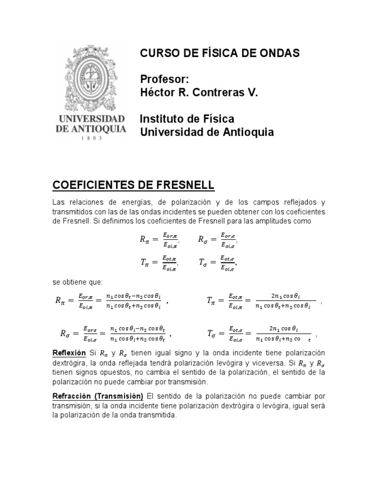 8) - Problemas - Angulo Critico, Coeficientes de Fresnell y Angulo de ...