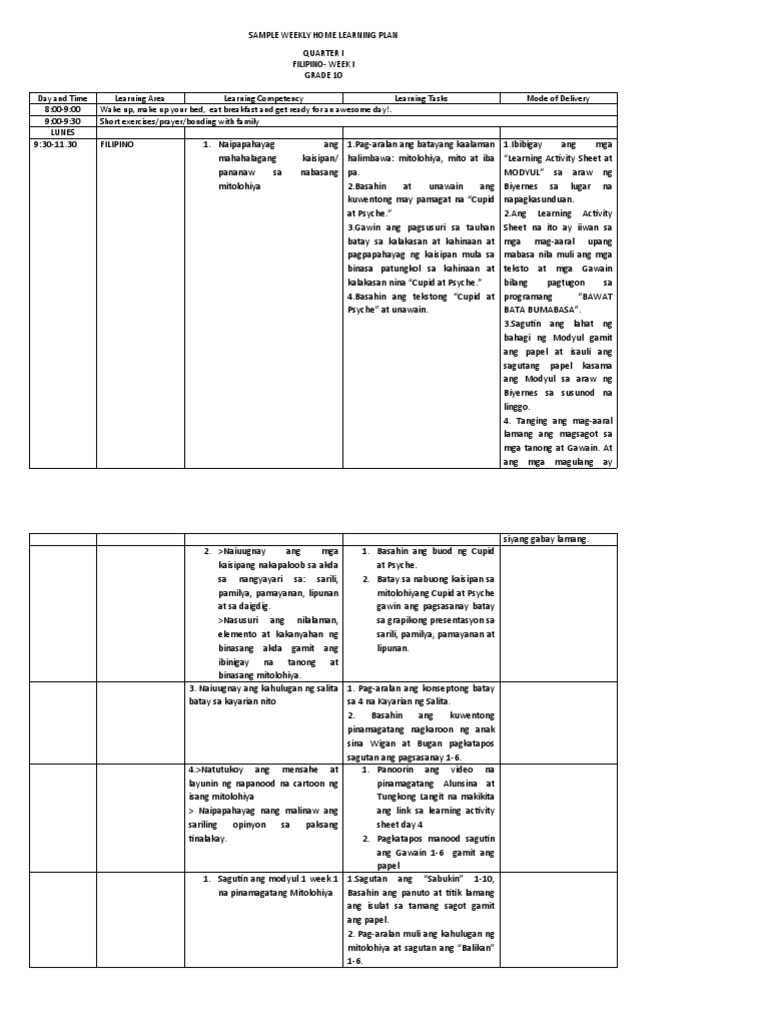 SAMPLE-WEEKLY-HOME-LEARNING-PLAN in Filipino Version | PDF