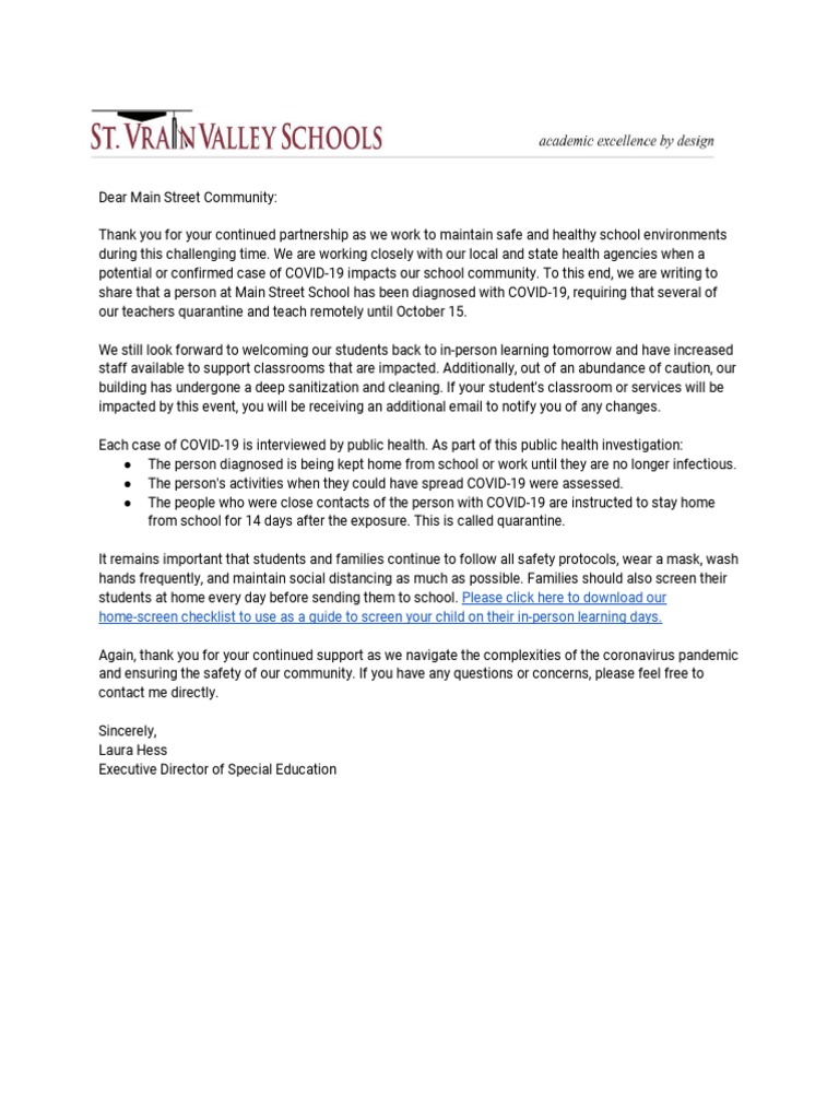 COVID-19 Update for Main Street School | PDF