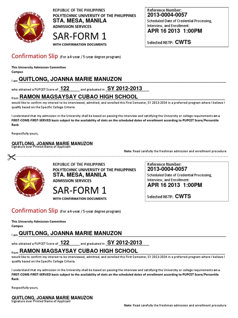Sar-Form 1: Confirmation Slip | Download Free PDF | University And ...