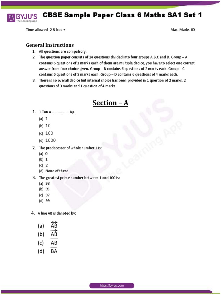 CBSE Sample Paper Class 6 Maths SA1 Set 1 | PDF | Elementary Geometry ...