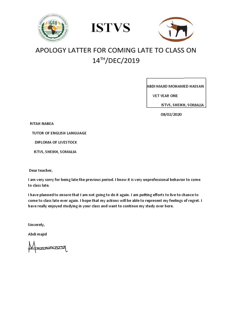 Apology Latter For Coming Late To Class | PDF