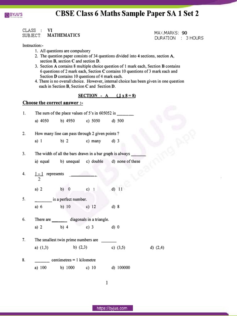 CBSE Sample Paper Class 6 Maths SA1 Set 2 | PDF | Geometry | Teaching ...