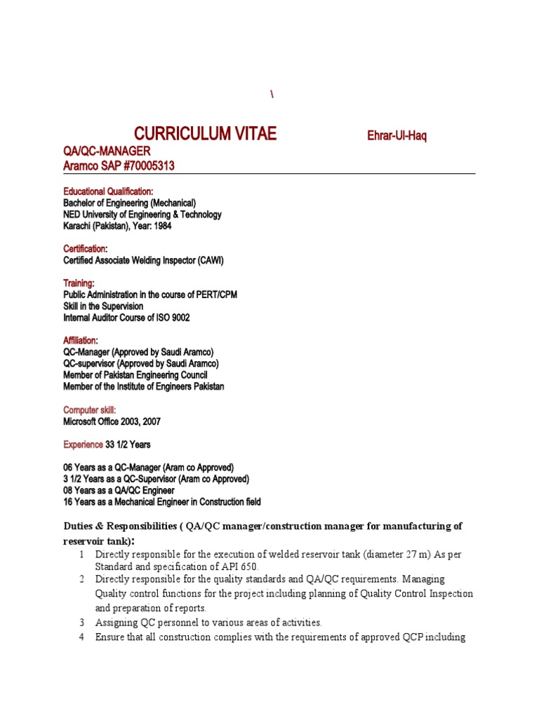 Curriculum Vitae: Ehrar-Ul-Haq Qa/Qc-Manager Aramco SAP #70005313 | PDF ...