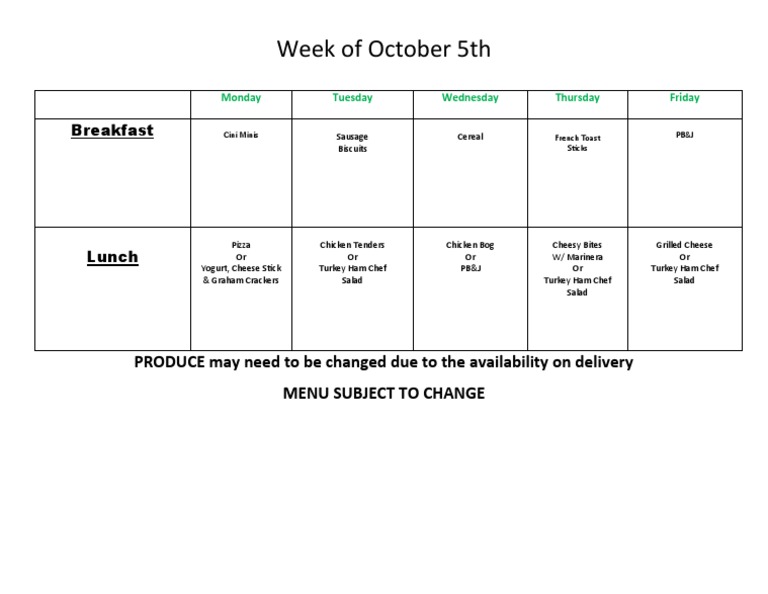 New Menu Lunch Week 4 Oct | PDF