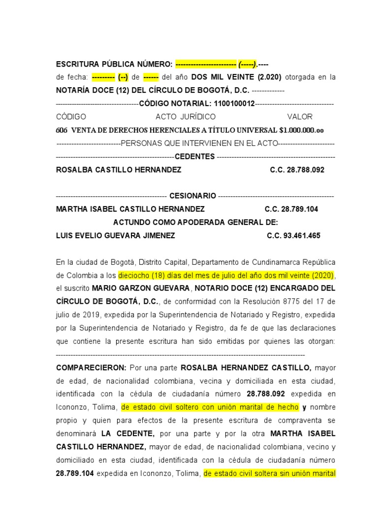 Minuta. Venta de Derechos Herenciales. | PDF | Derecho Civil (Common Law) | Gobierno