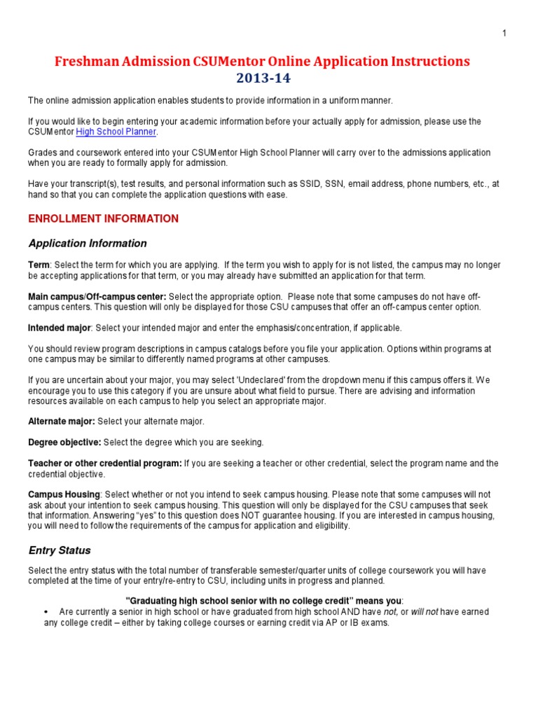 Freshman Admission Csumentor Online Application Instructions | Download ...
