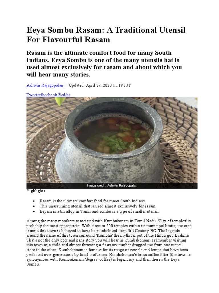 Eeya Sombu Rasam: A Traditional Utensil For Flavourful Rasam | PDF ...