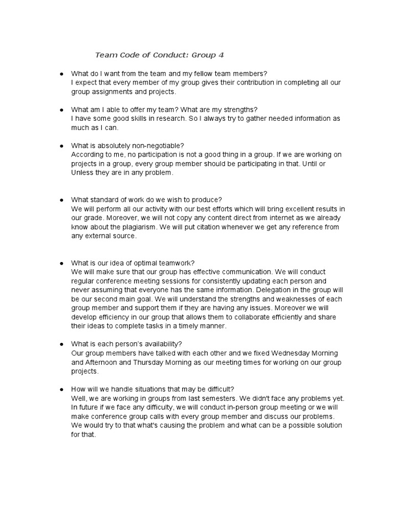 Team Code of Conduct for Group 4 | PDF | Psychological Concepts ...