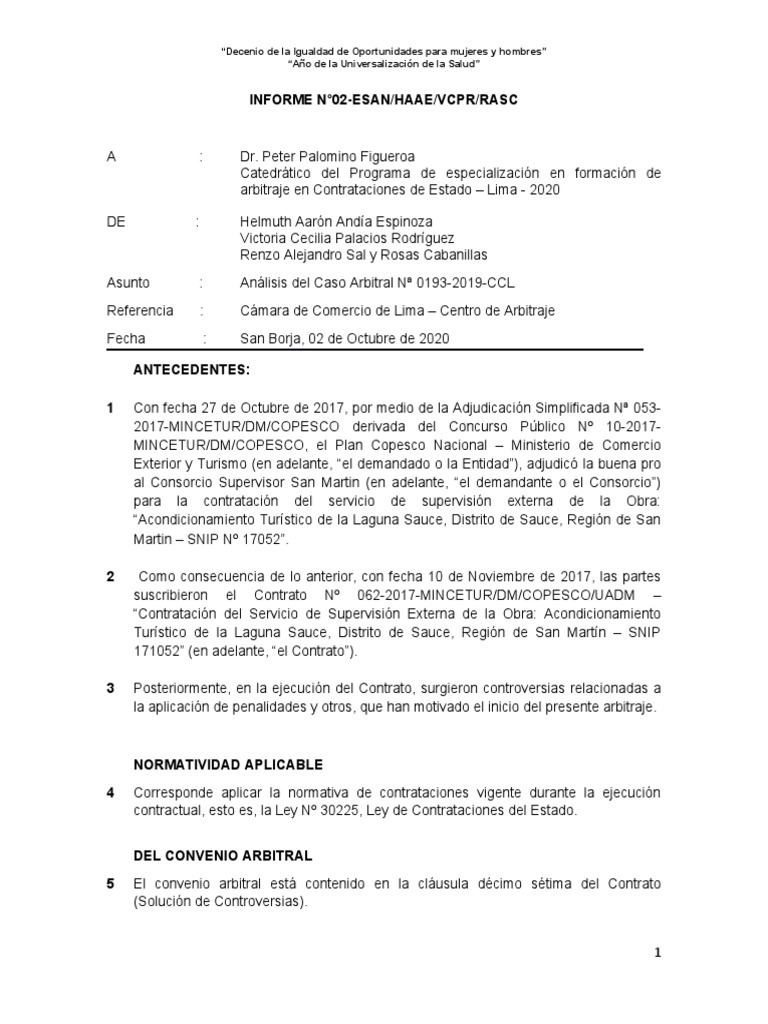 (Trabajo Final) Informe Laudo Arbitral CCL | PDF | Arbitraje | Demanda ...