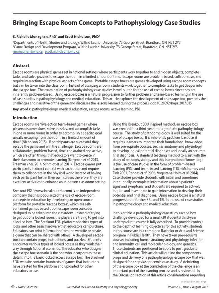 Bringing Escape Room Concepts To Pathophysiology Case Studies | PDF ...