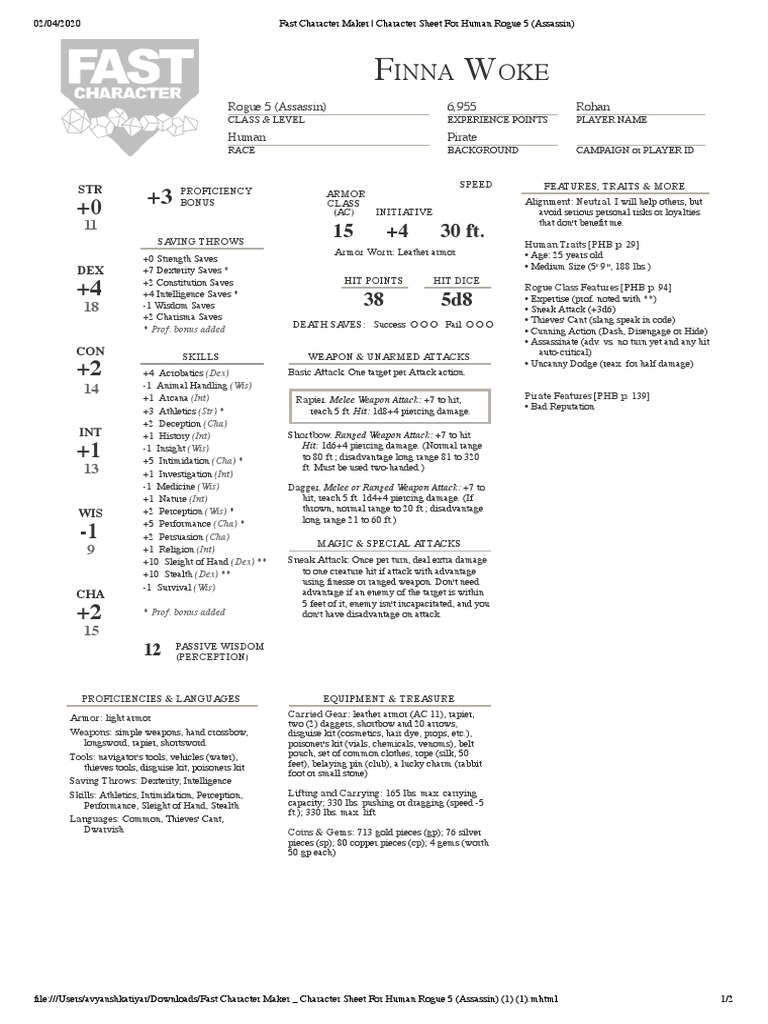 Fast Character Maker - Character Sheet For Human Rogue 5 (Assassin ...