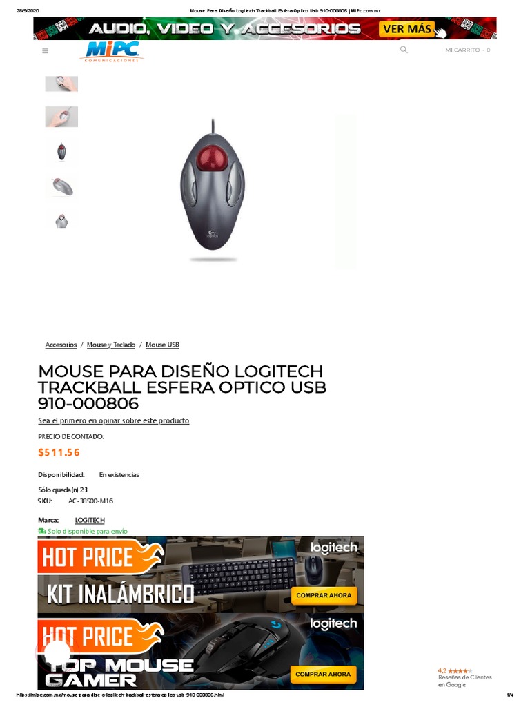 Mouse para Diseño Logitech Trackball Esfera Optico Usb 910-000806 ...