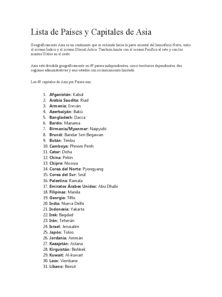 Lista de Países y Capitales de Asia | PDF