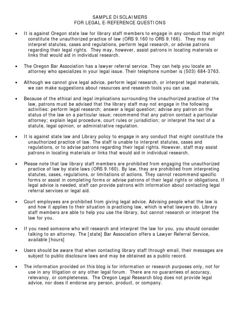 Leg Ref Sample Disclaimers | PDF | Pro Se Legal Representation In The ...