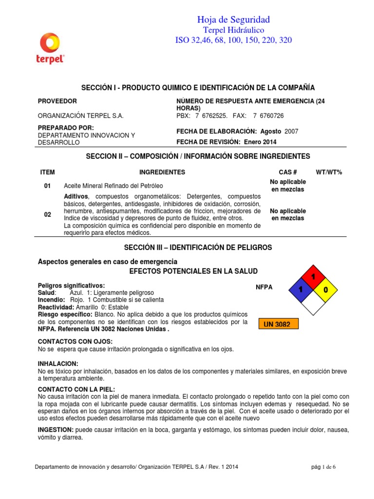 10 HOJA DE SEGURIDAD ACEITE HIDRÁULICO | PDF | Petróleo | Agua
