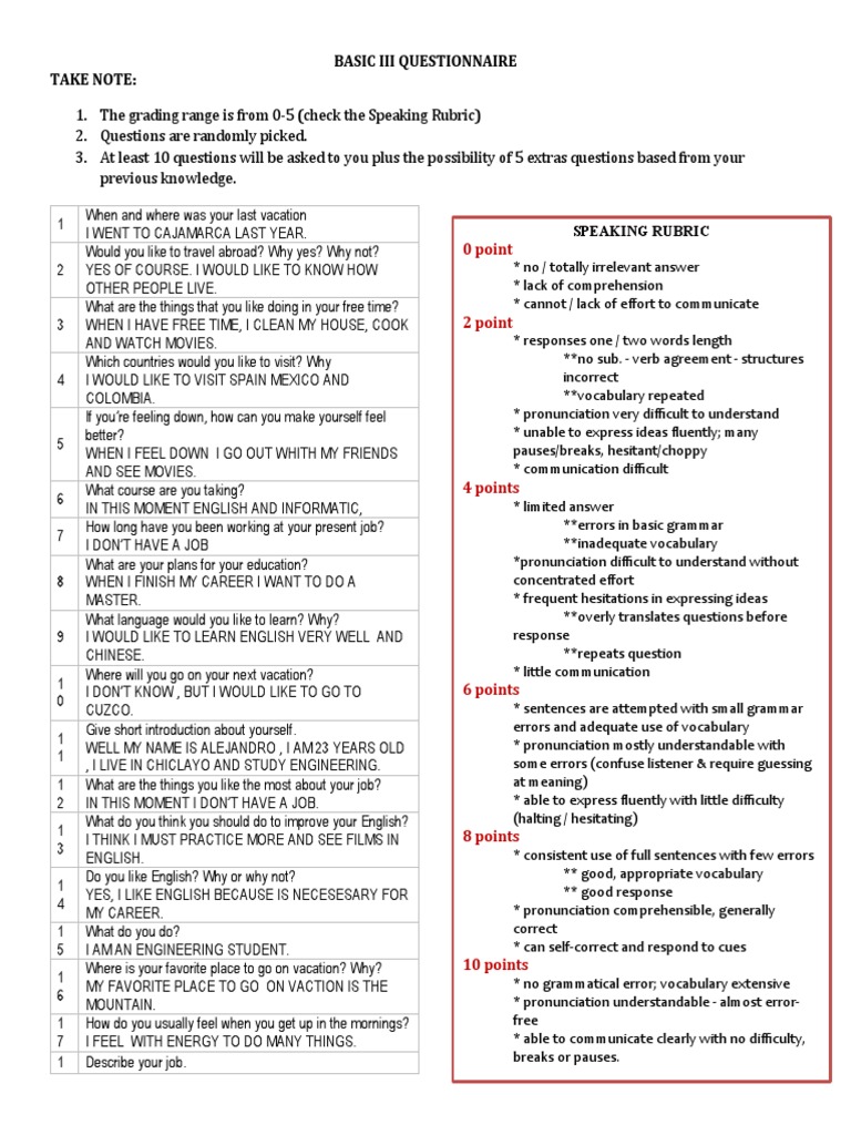 Basic Iii Questionnaire Take Note:: 0 Point | PDF | English Language ...