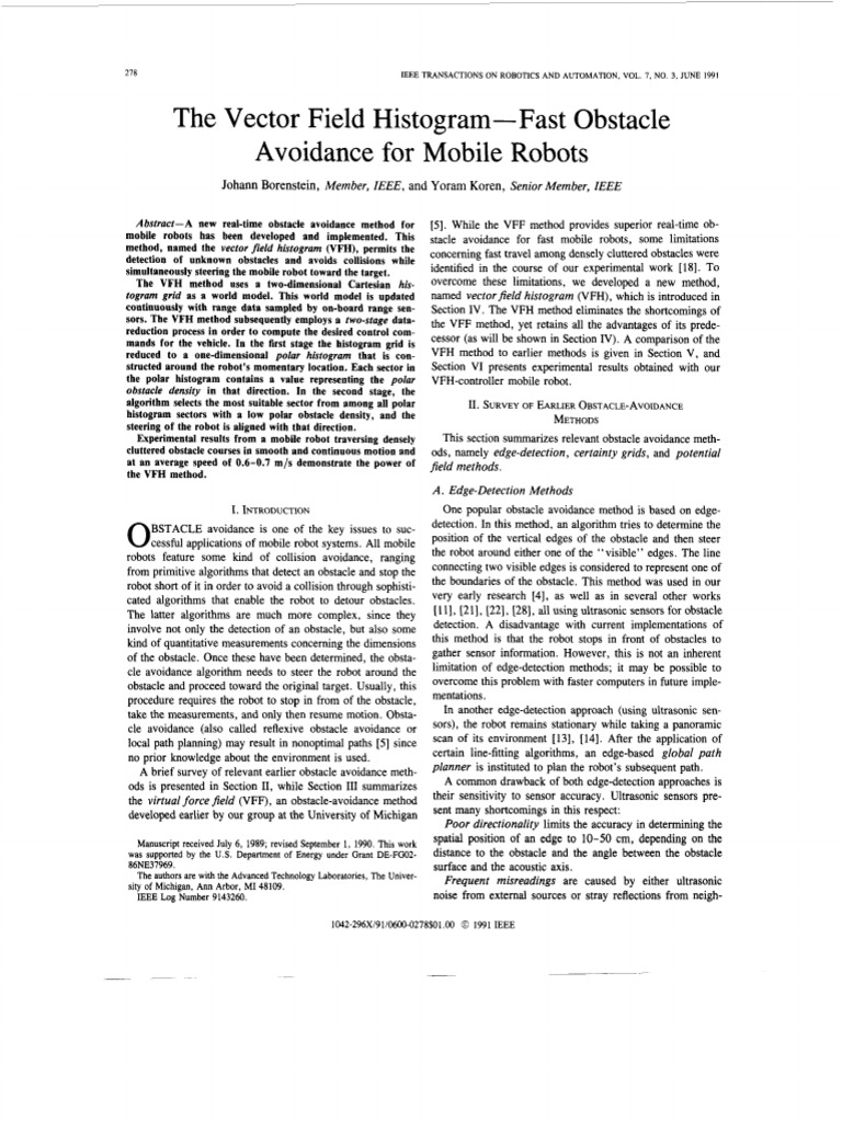 The Vector Field Histogram Fast Obstacle Avoidance For Mobile Robots Pdf Ultrasound Force