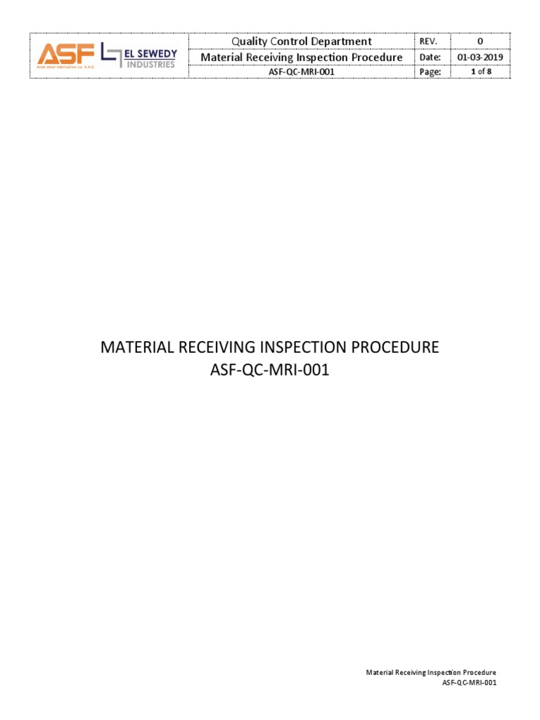 04 - Material Receiving Inspection Procedure - Asf-Qc-Mri-001 | PDF ...