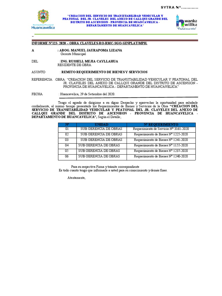 INFORME #123-2020 - REMITO REQUERIMIENTO DE Bienes y Servicios | PDF