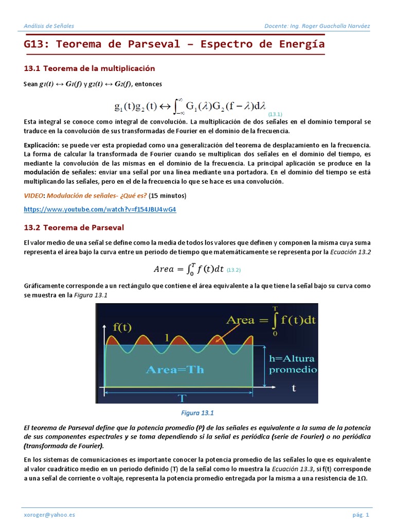 G13 Teorema de Parseval | PDF | Transformada de Fourier | Circunvolución