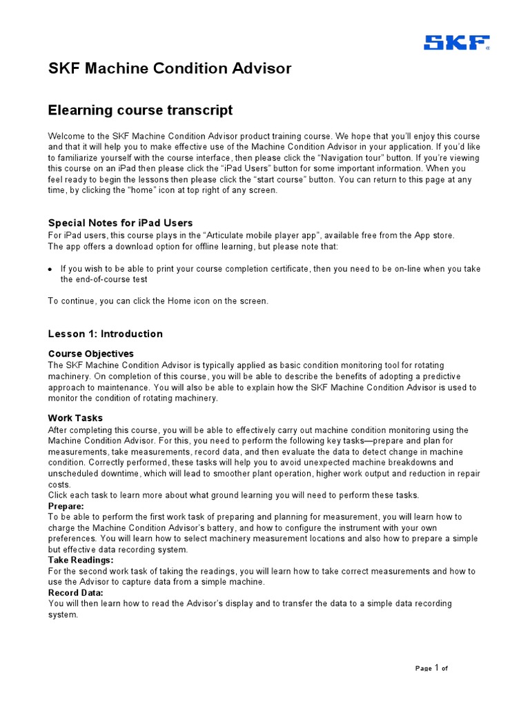 SKF Machine Condition Advisor: Elearning Course Transcript | PDF ...