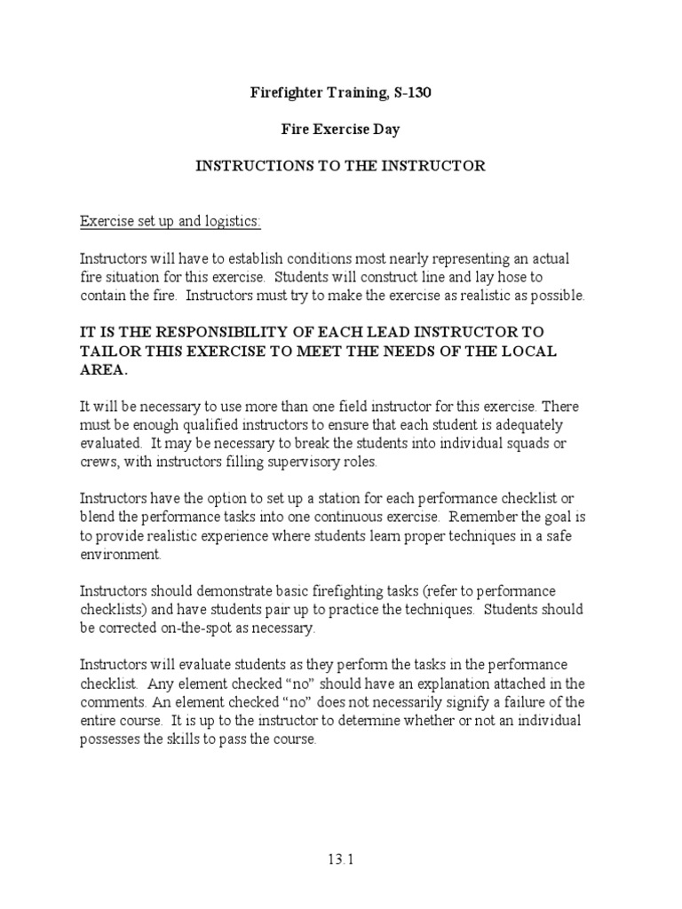 Firefighter Training, S-130 Fire Exercise Day Instructions To The ...