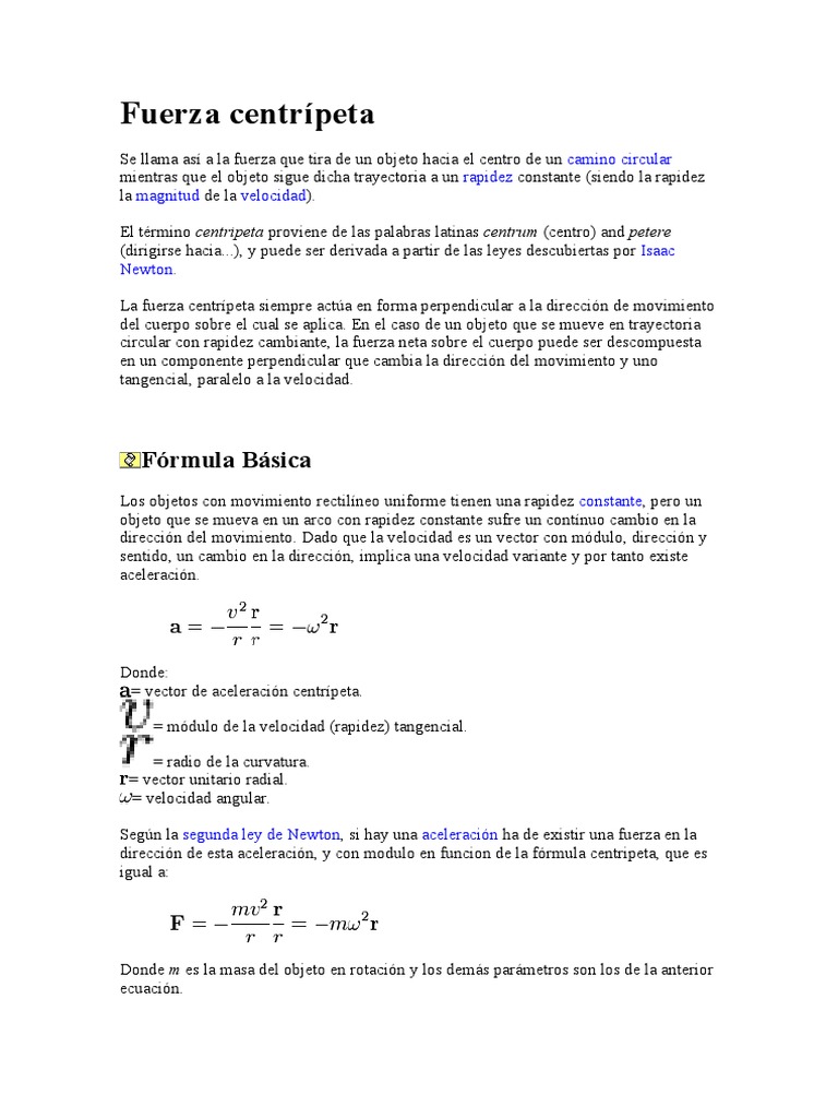 Fuerza Centrípeta: Definición y Fórmulas | PDF | Aceleración | Frecuencia