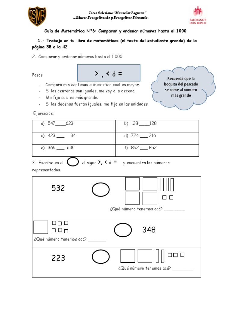 Guia #6 Comparar y Ordenar Números Hasta El 1000 | PDF