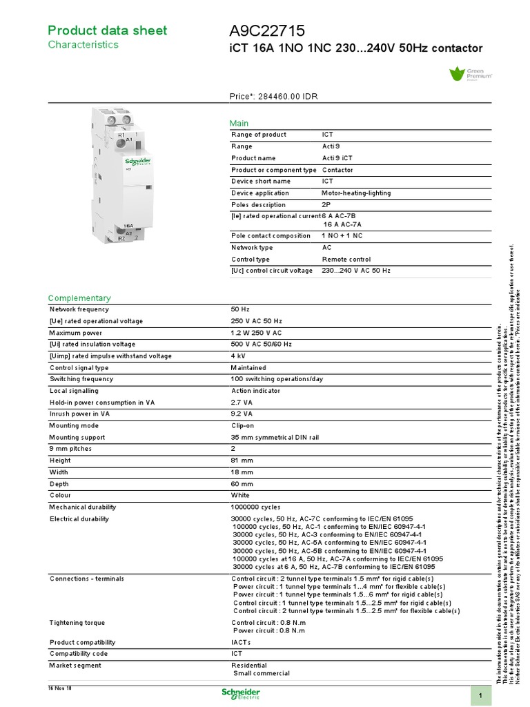 Product Data Sheet: iCT 16A 1NO 1NC 230... 240V 50Hz Contactor | PDF ...