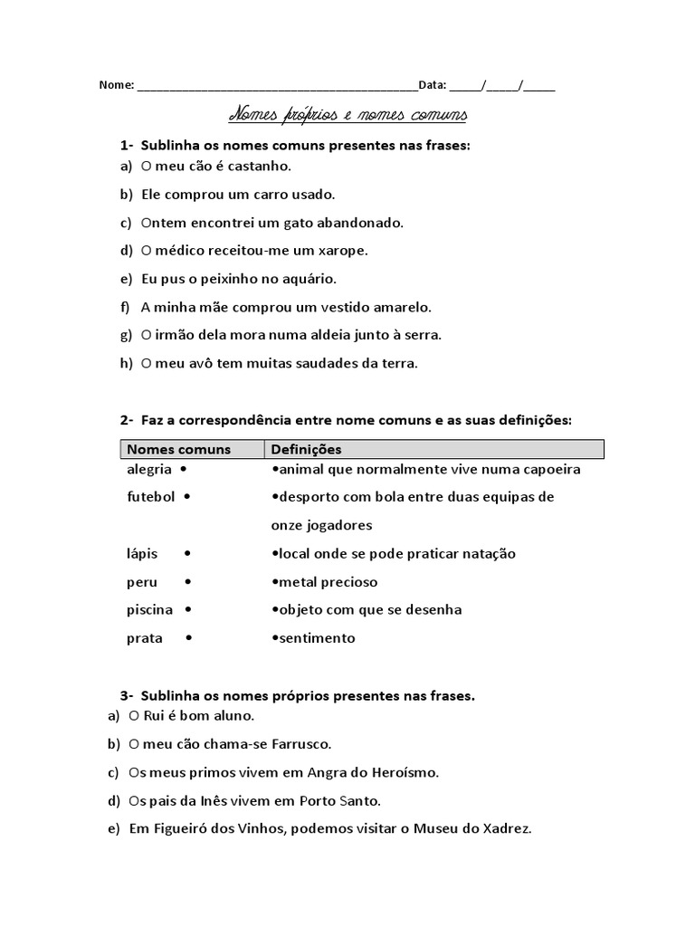 Exercícios sobre Nomes Comuns e Próprios | PDF