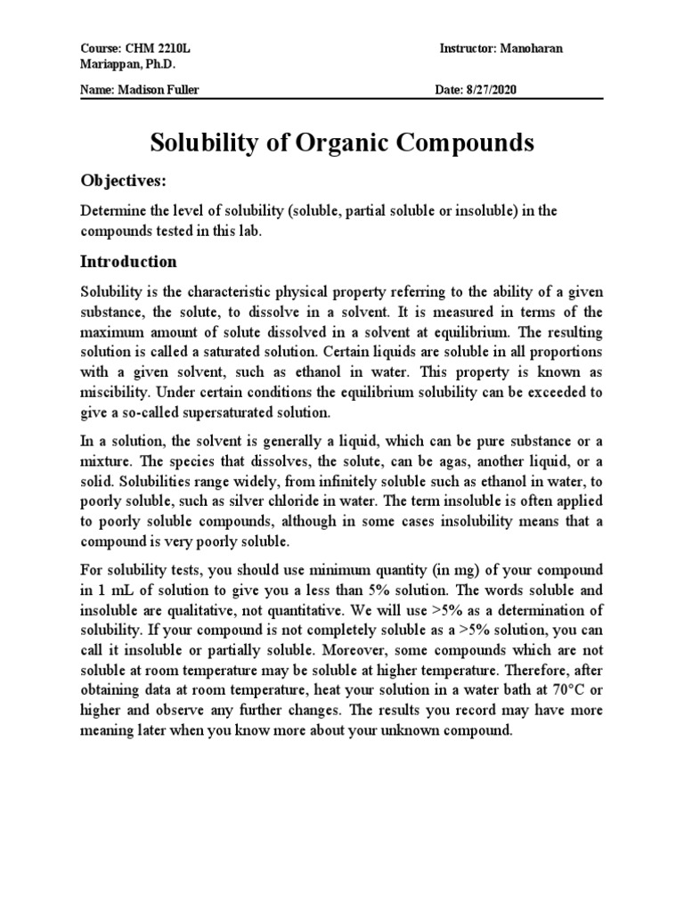 Lab 1 Soluibility of Organic Compounds | PDF | Solubility | Solution