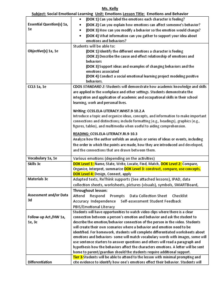 Emotions and Behavior Lesson Plan Tenure | PDF | Emotions | Reading ...