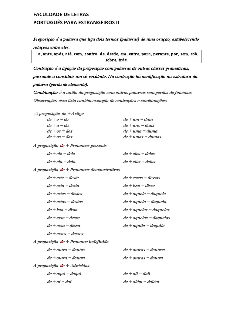 PREPOSIÇÕES, CONTRAÇÕES E COMBINAÇÕES (13h) | PDF | Preposição e ...