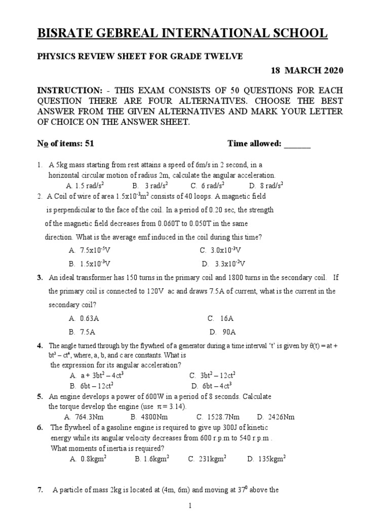 Physics G 12 R. Sheet | PDF | Torque | Force