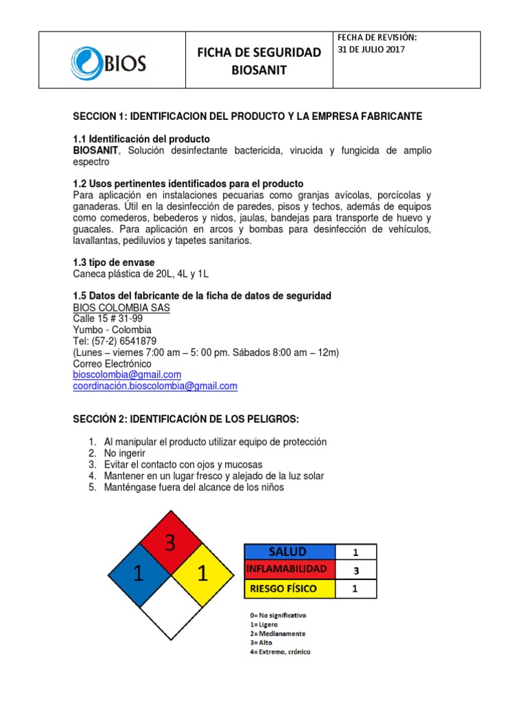 Hoja de Seguridad Biosanit | PDF | Residuos | Toxicidad