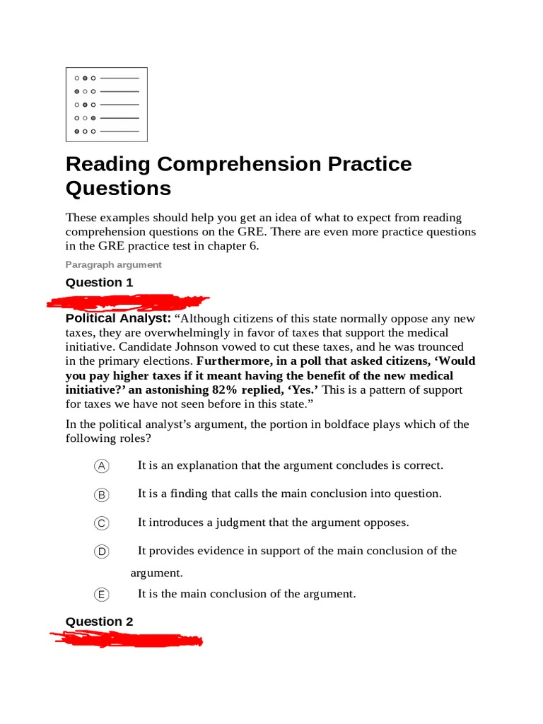 Reading Comprehension Practice Questions: Paragraph Argument | PDF ...