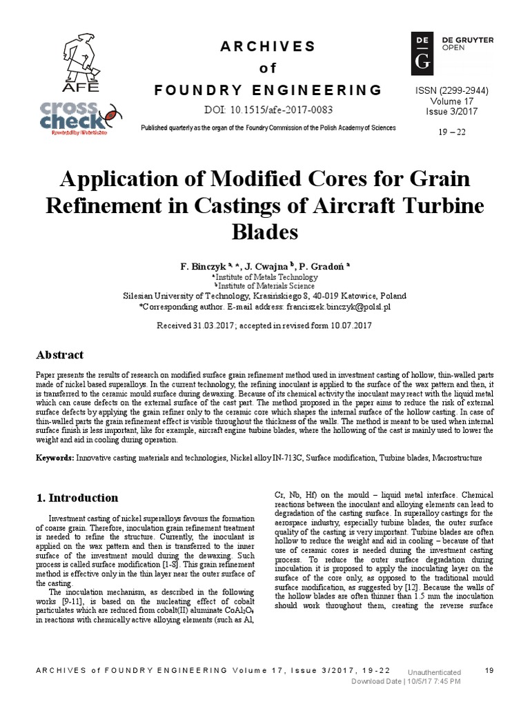 Grain Refinement in Turbine Blade Casting | PDF | Casting (Metalworking ...