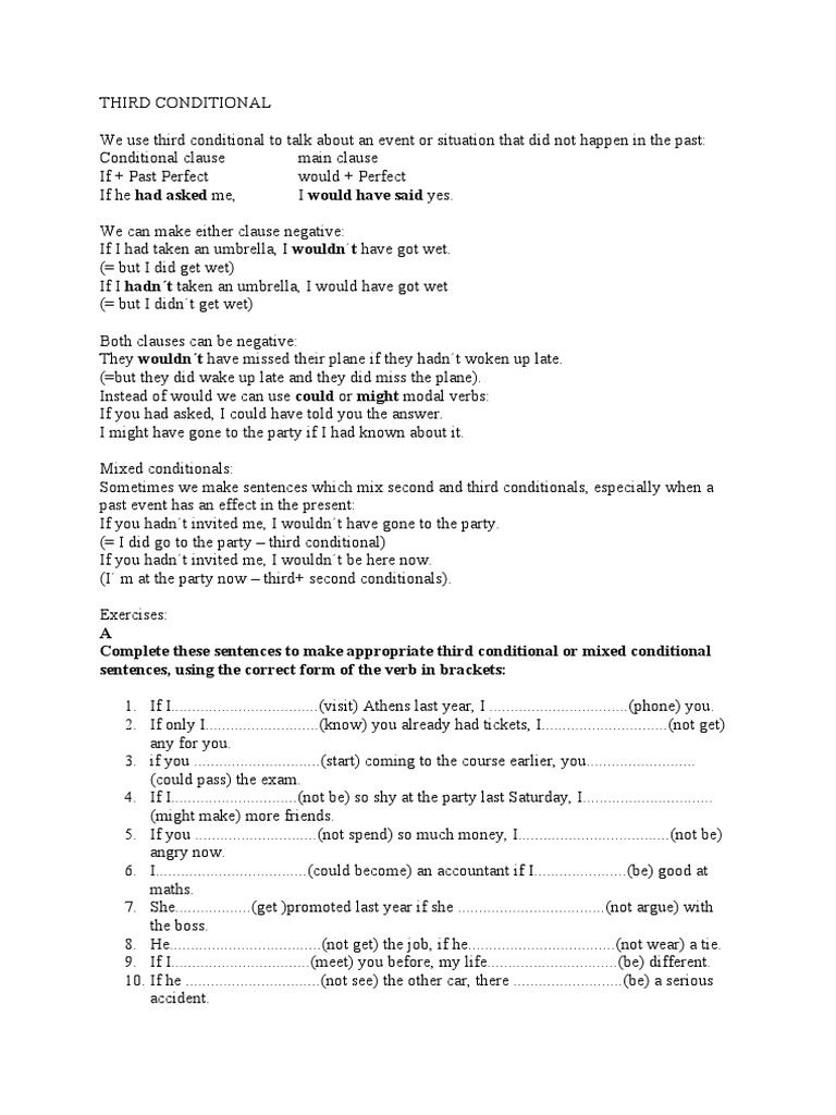 A Complete These Sentences To Make Appropriate Third Conditional or ...