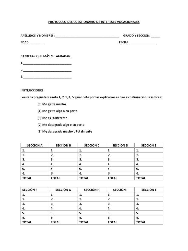 Cuestionario Vocacional para Imprimir | PDF